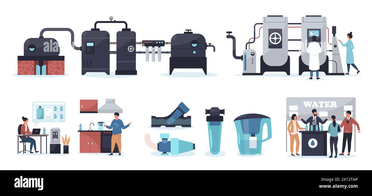 Water purification process. Water treatment production line, chemical ...