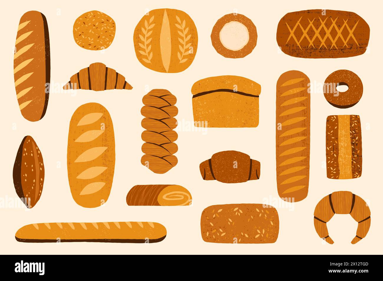 Homemade bread. Hand drawn bakery assortment of natural products, fresh ...