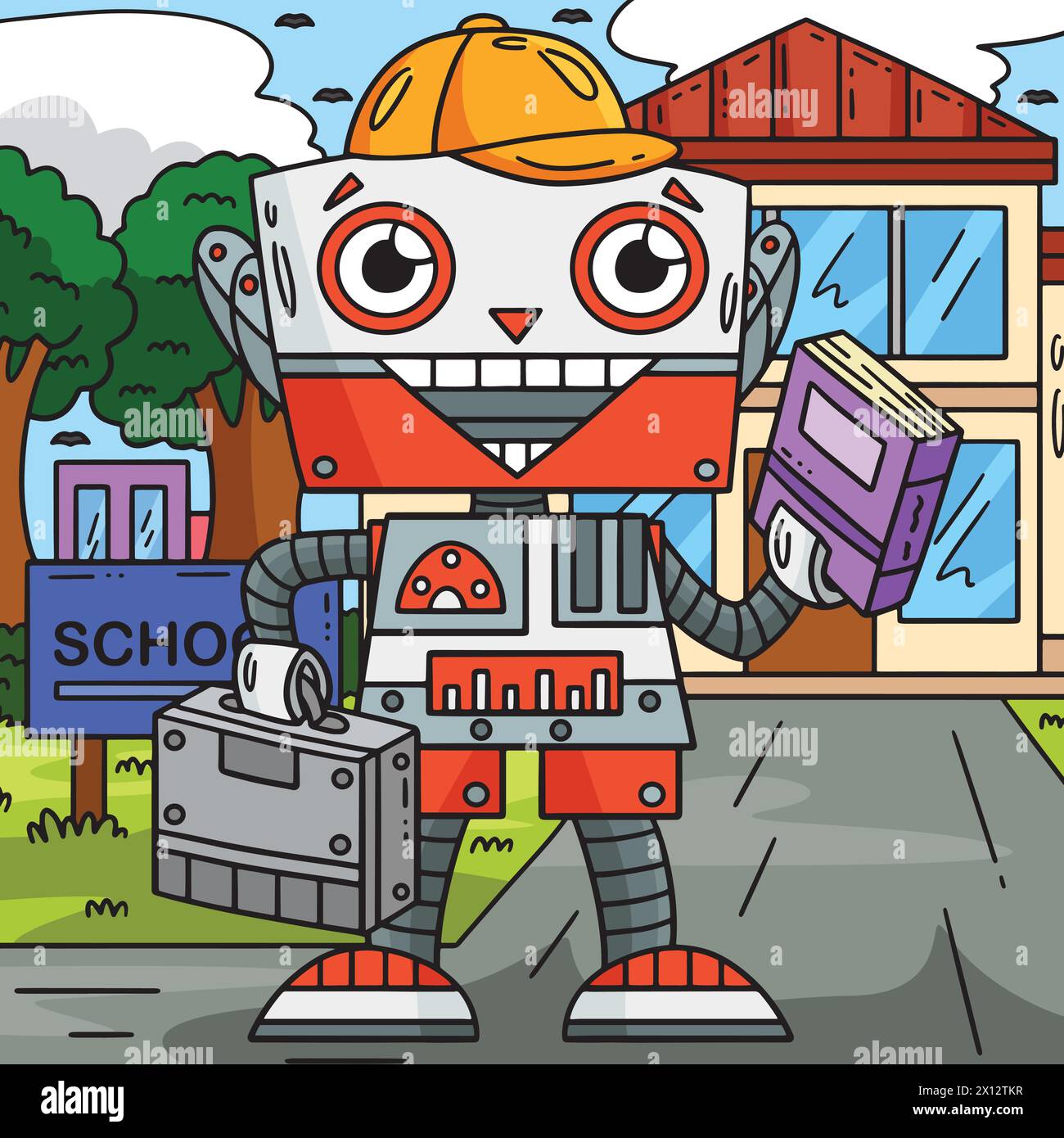 Robot Going to School Colored Cartoon Illustration Stock Vector Image ...