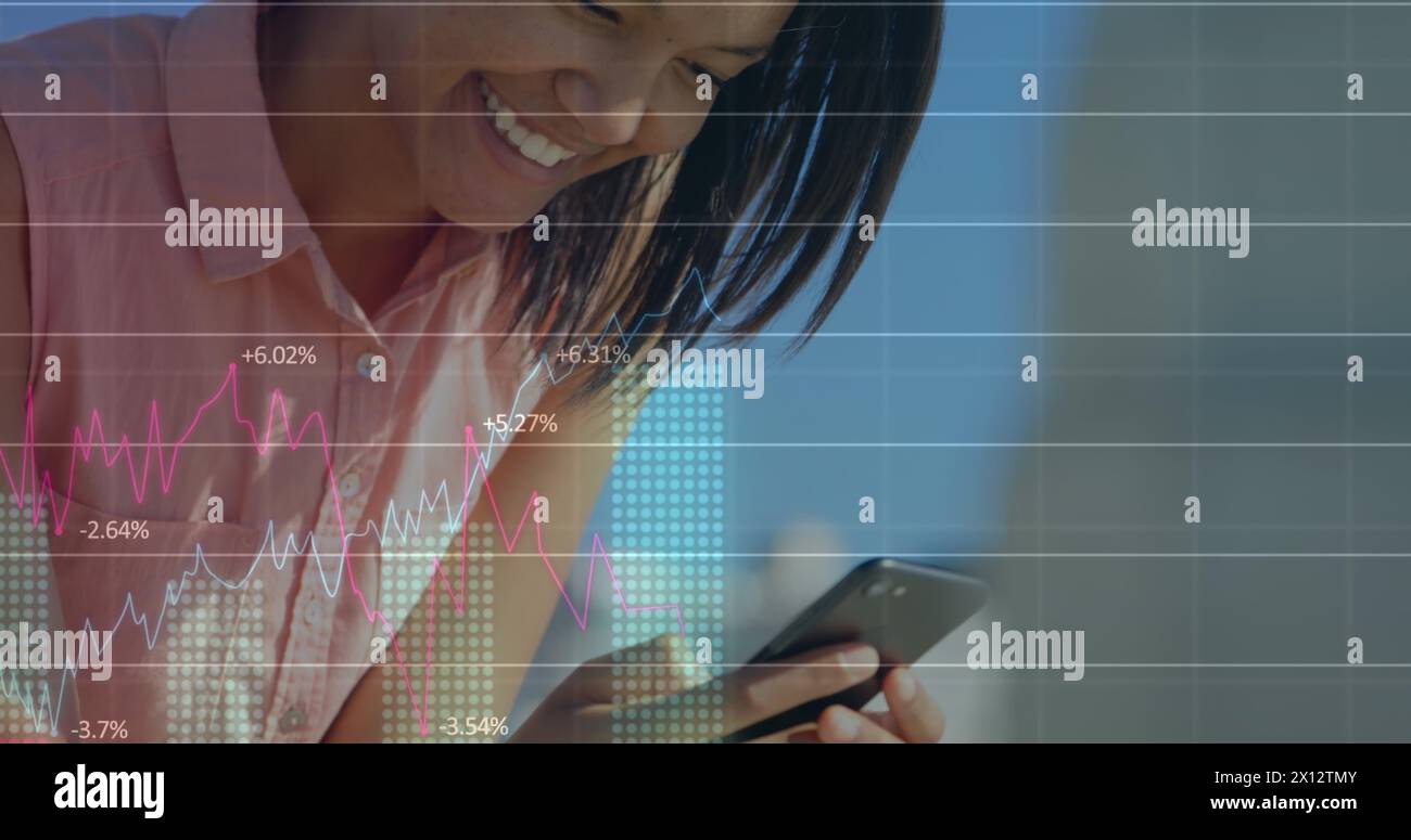 Image of multiple graphs with changing numbers over smiling biracial ...