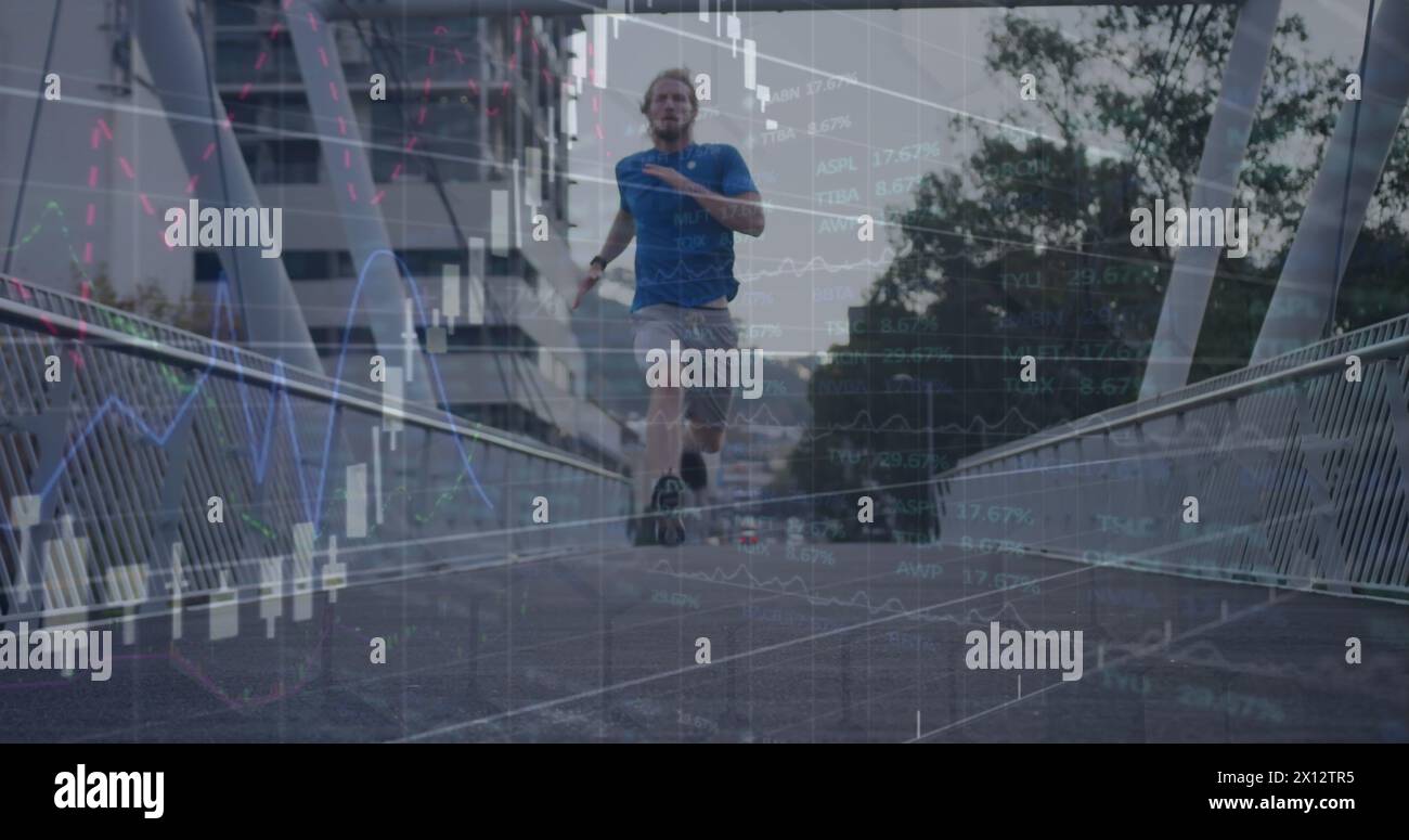 Image of graphs with changing numbers and stock market over caucasian ...