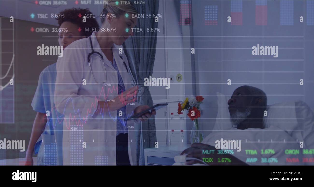 Image of graphs and trading boards, diverse female doctor examining ...