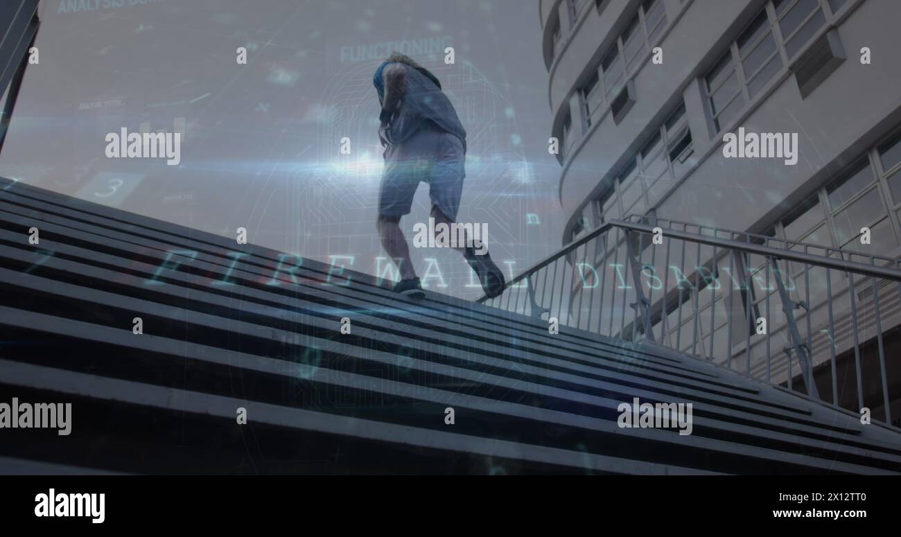 Image of cyber attack text over caucasian man running in city Stock ...