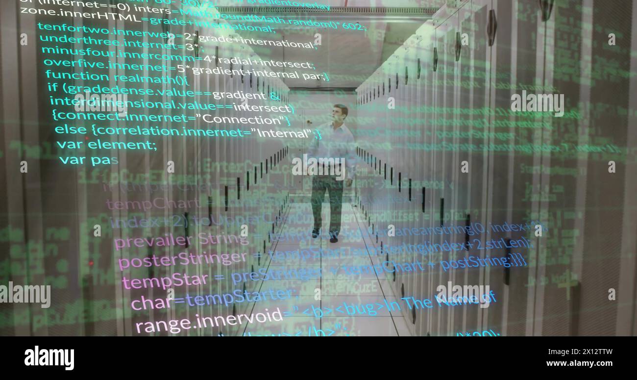 Image of computer language over caucasian male engineer walking in data ...