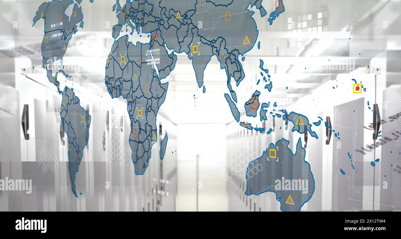 Image of map and computer language over data server room Stock Photo ...