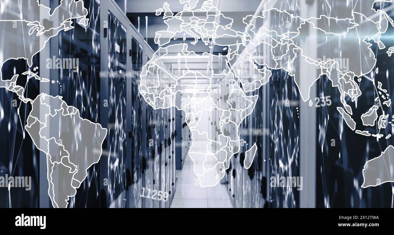 Image of changing numbers, map over connected dots on data server ...