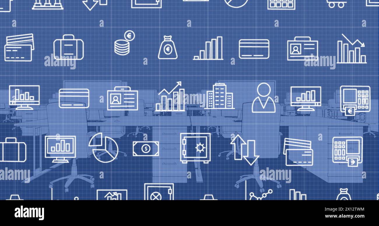 Image of multiple icons and grid pattern over digital modern workplace ...