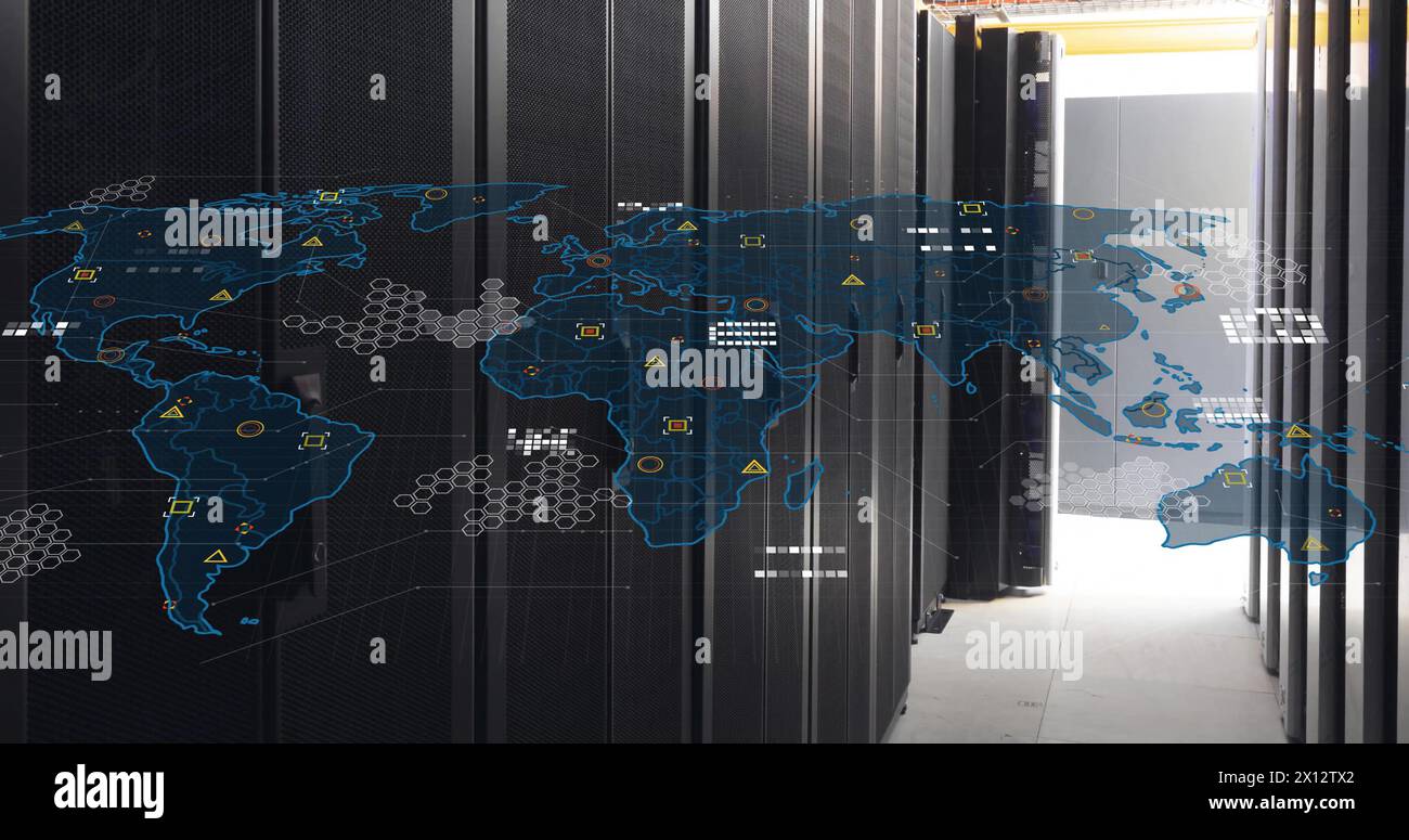 Image of circuit board pattern and geometric shapes on map over data ...