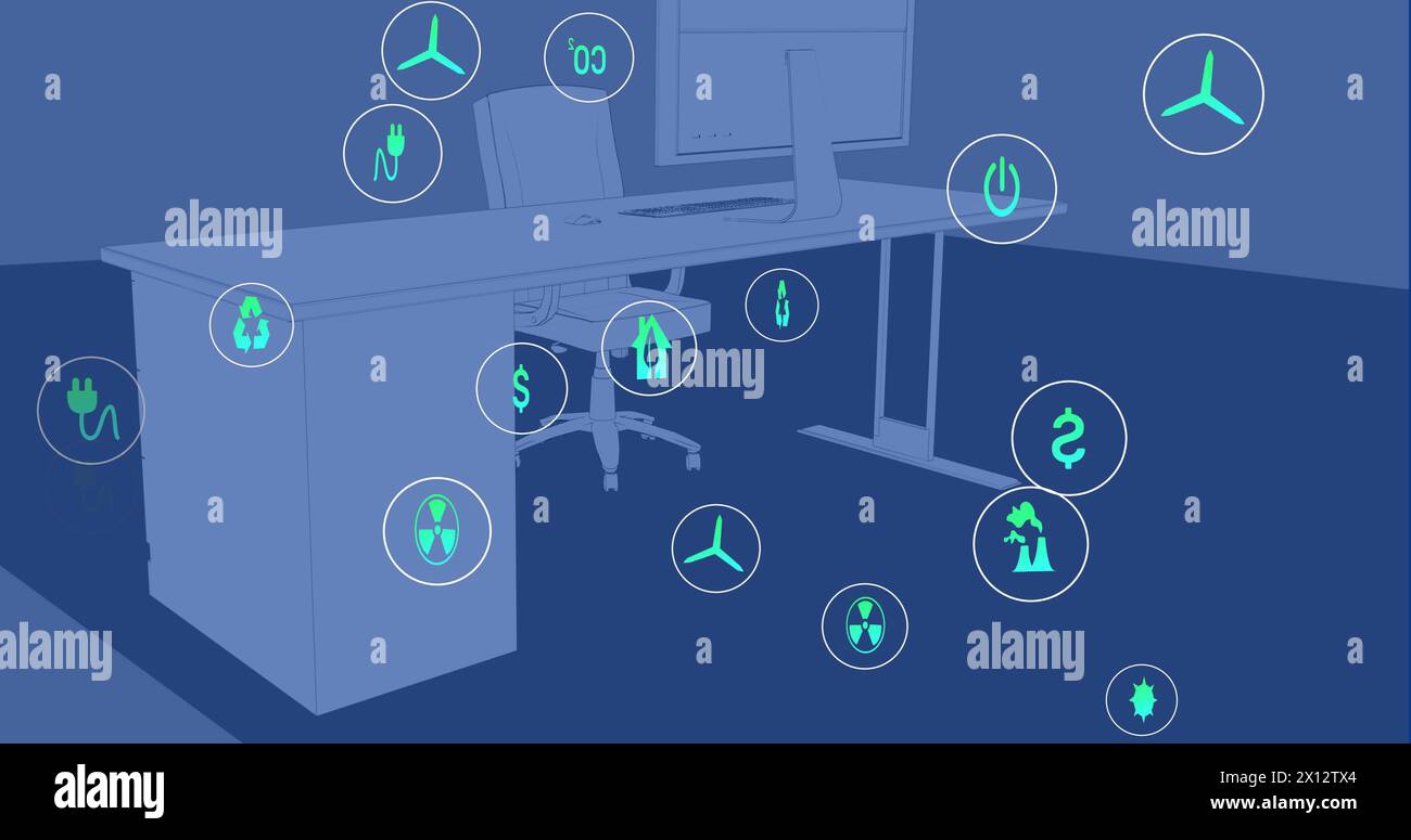 Image of sustainable icon in circles over computer on desk and chair in ...