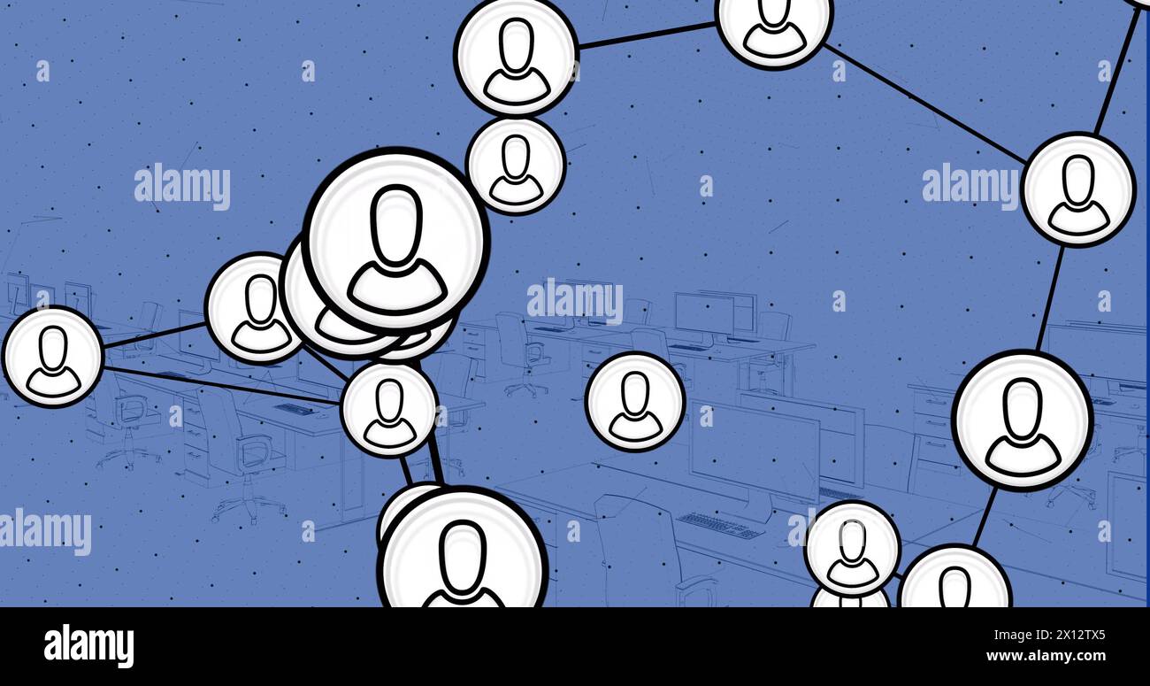 Image of connected icons over digital workspace blueprint against blue ...