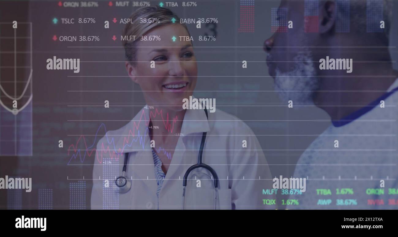 Image of graphs and trading boards over diverse female doctor ...