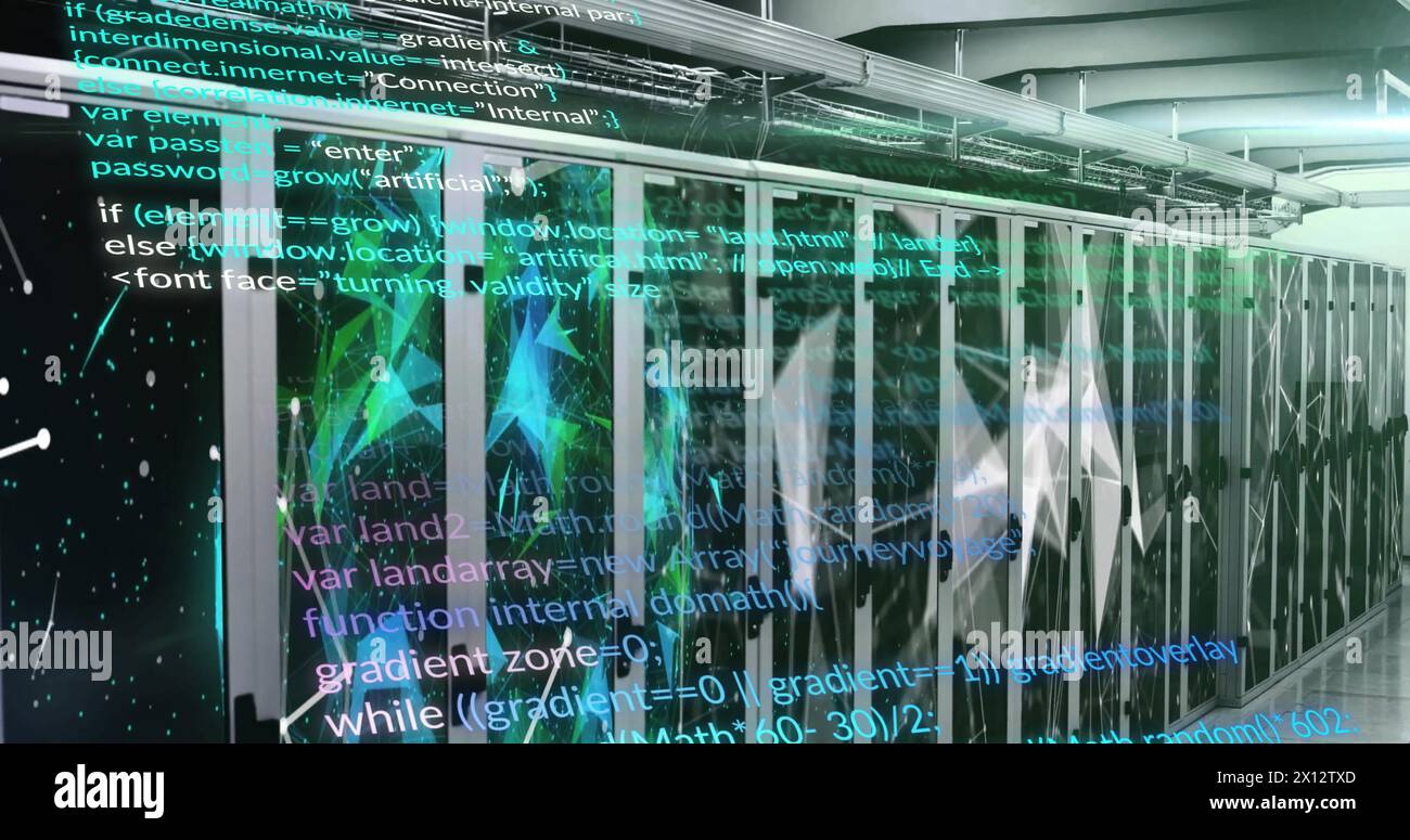 Image of computer language, connected dots, globe over data server ...