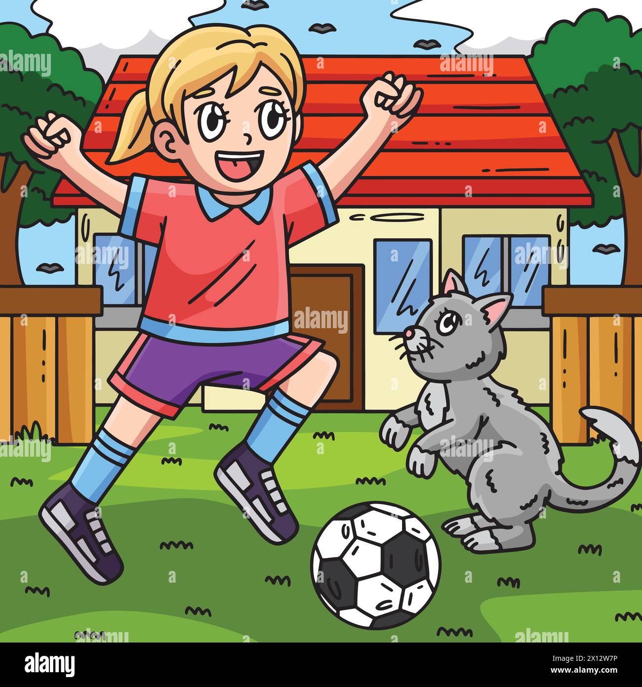 Girl and Cat Playing Soccer Colored Cartoon Stock Vector Image & Art ...