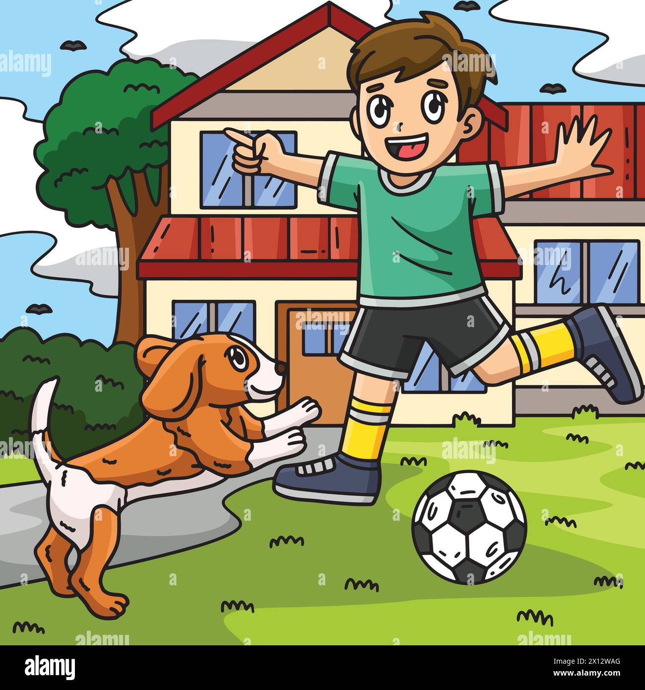 Boy and a Dog Playing Soccer Colored Cartoon Stock Vector Image & Art ...