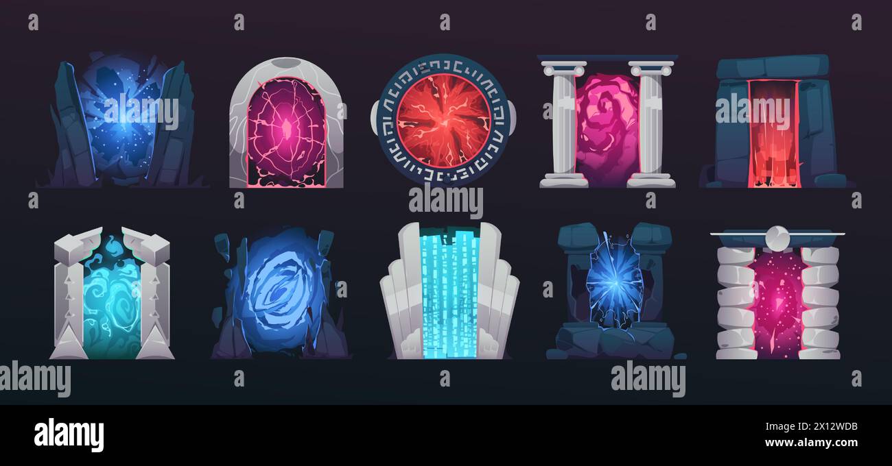 Cartoon game portal. Magic vortex tunnel archway frame, fantasy fairy entrance and exit way ...