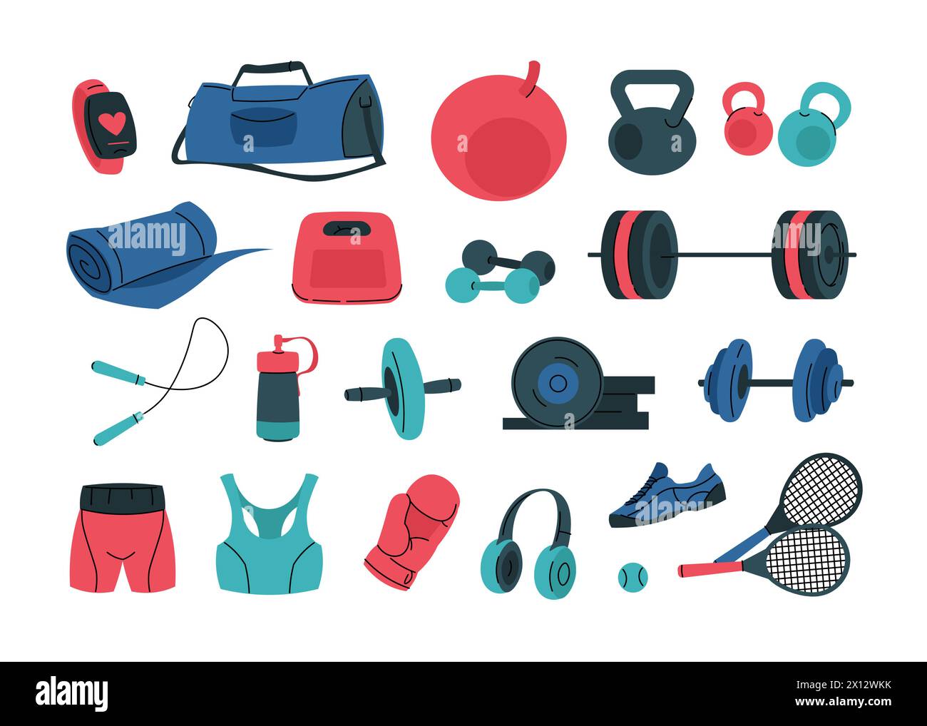 Fitness equipment. Cartoon sportswear and gym tools, training devices ...