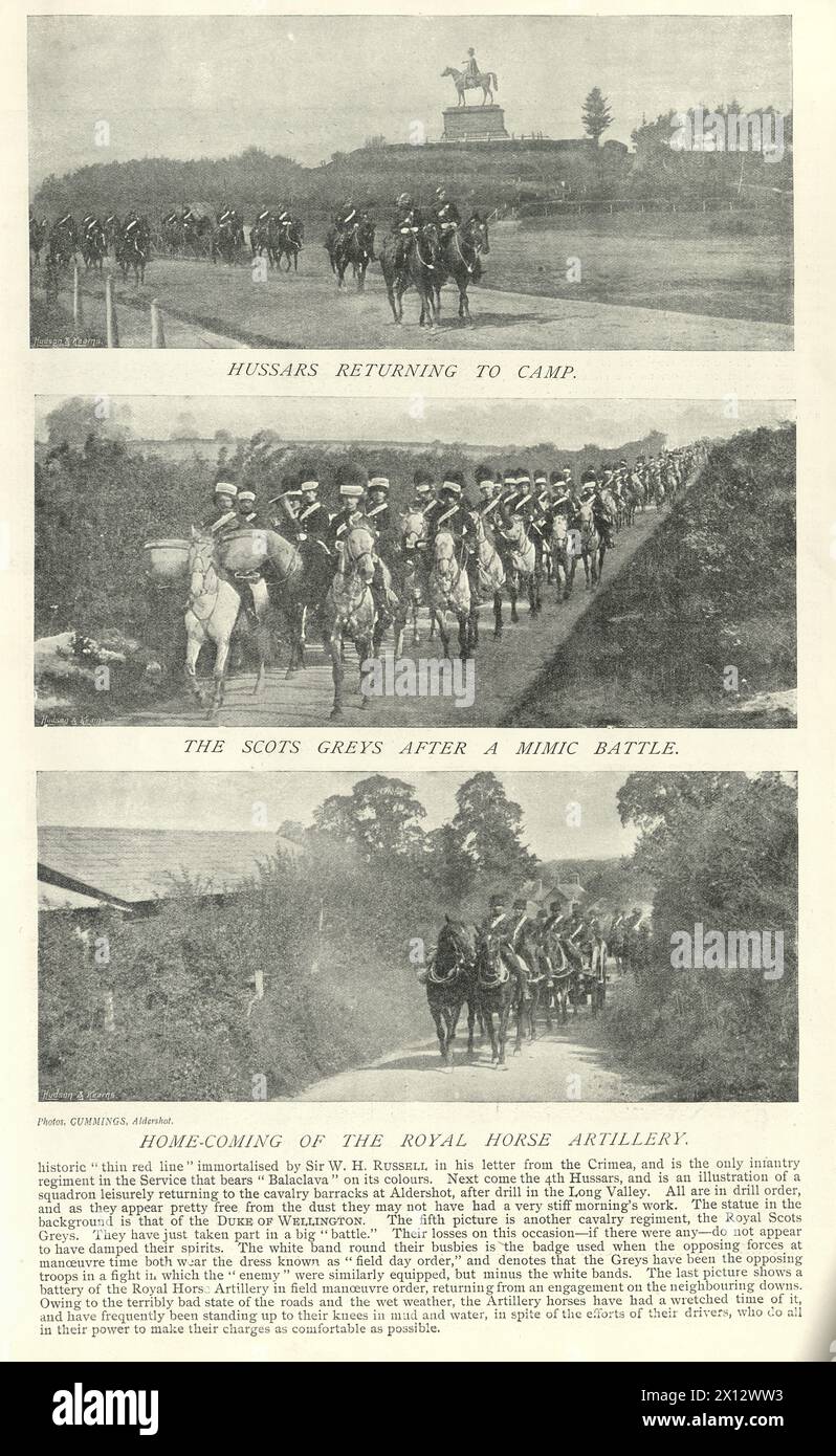 Vintage picture, British army soldiers on exercise around Aldershot, Hussars, Scots Greys, Royal ...