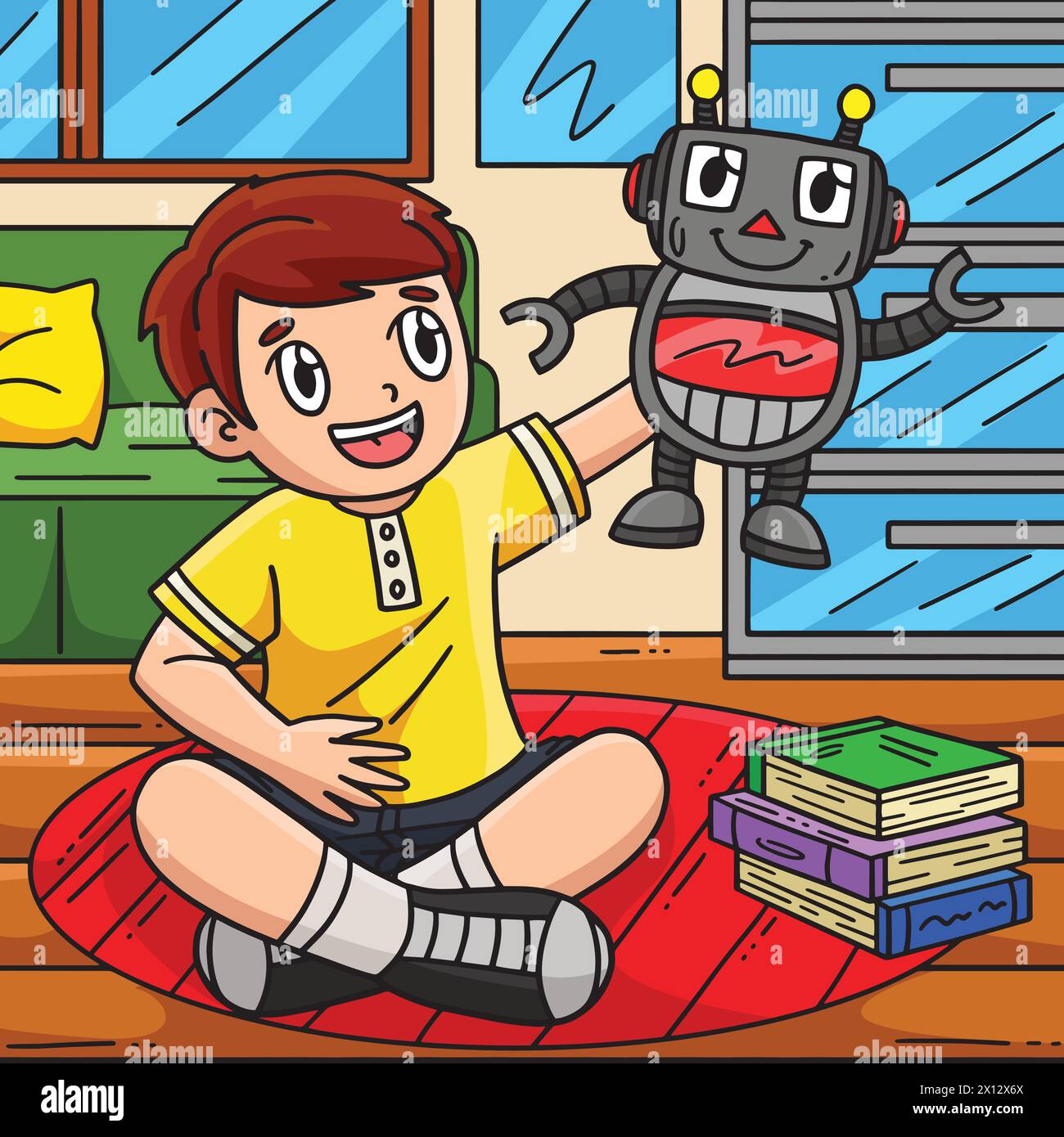 Boy Playing Robot Toy Colored Cartoon Illustration Stock Vector Image ...