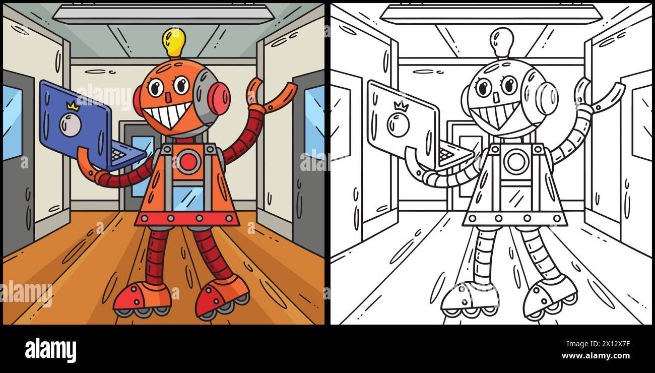 Robot with a Laptop Coloring Page Illustration Stock Vector Image & Art ...