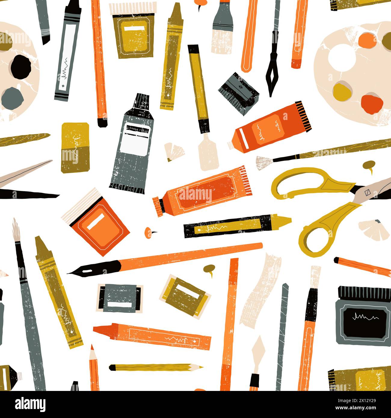 Art supplies pattern. Seamless print with paintbrushes pencils tubes ...