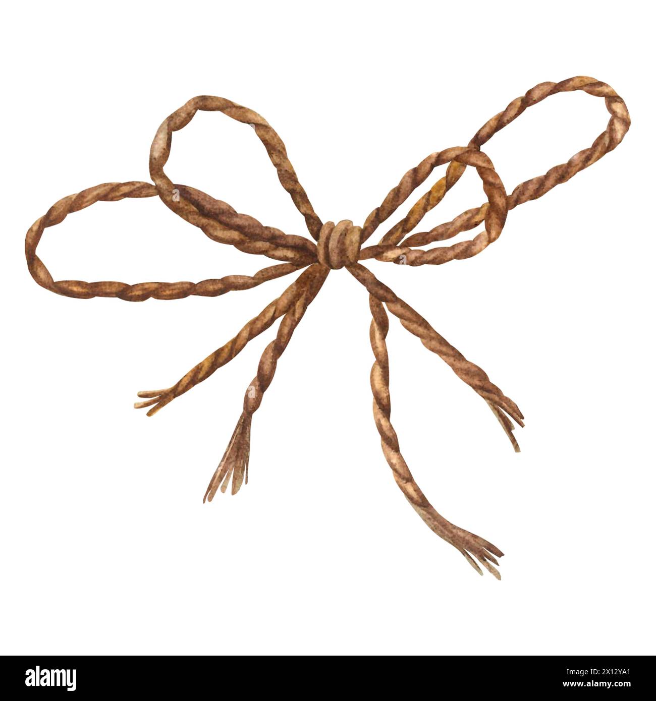 Brown watercolor rope with a knot and a bow. Illustration of a hand ...