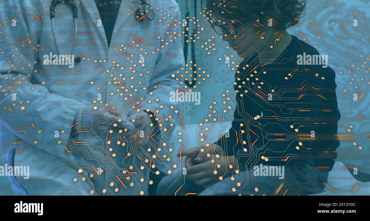 Microprocessor connections against asian male doctor talking to ...