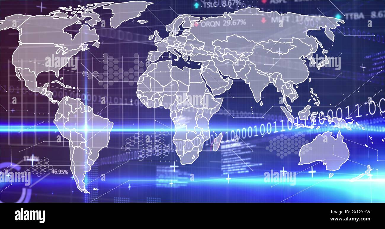 Image of world map, data processing and lights on violet background ...