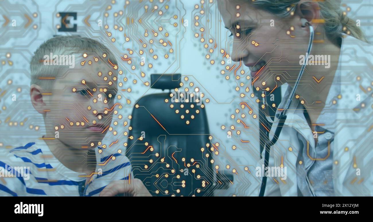 Microprocessor connections against caucasian female doctor examining ...