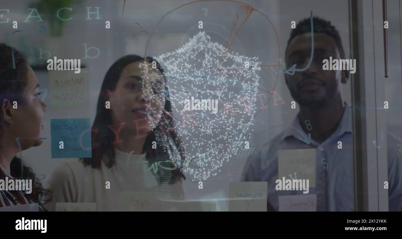 Image of data processing with shield icon over diverse business people ...