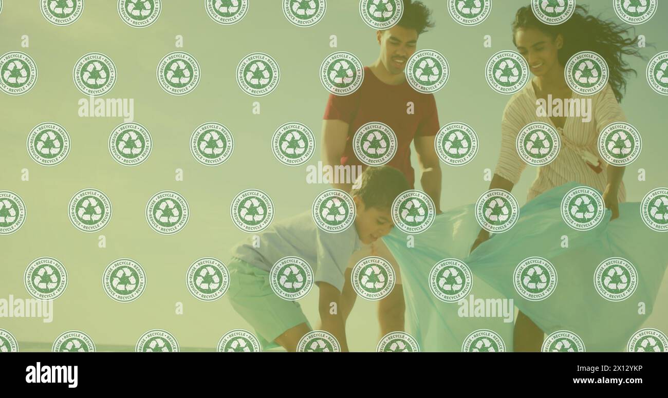 Image of ecology icons over biracial family segregating waste Stock ...