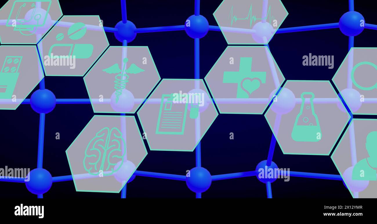 Image of medical icons over chemical formula. Global science and ...