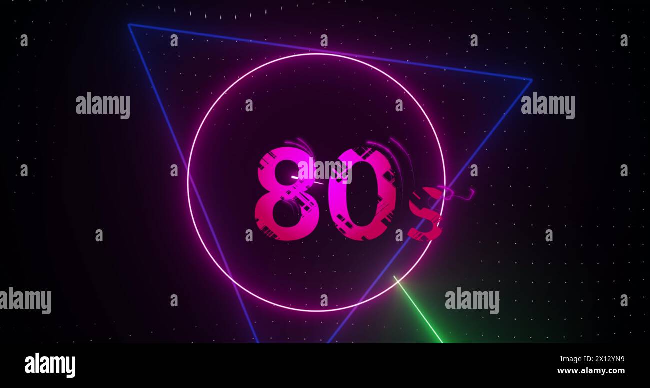 Image of 80s text over neon shapes on black background Stock Photo - Alamy