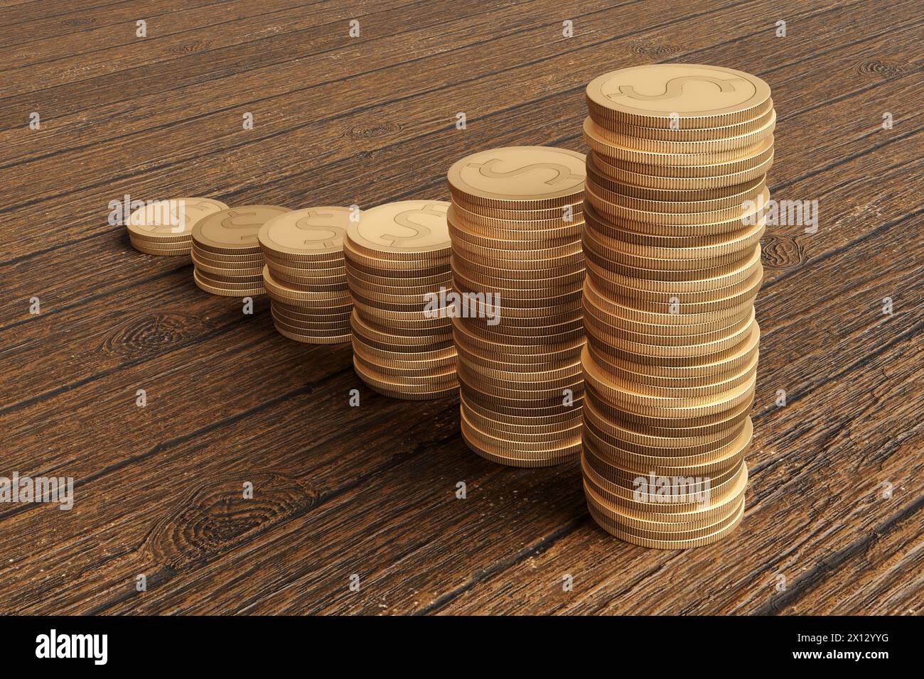 Stacks of gold coins forming a growing bar charts on a wooden table ...
