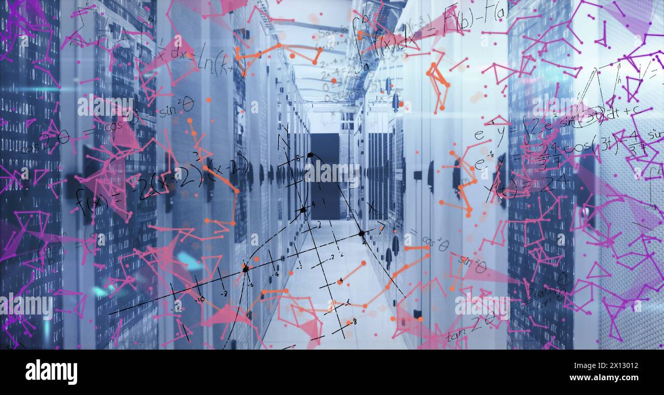 Image of pink network of connections over computer server room. Global ...