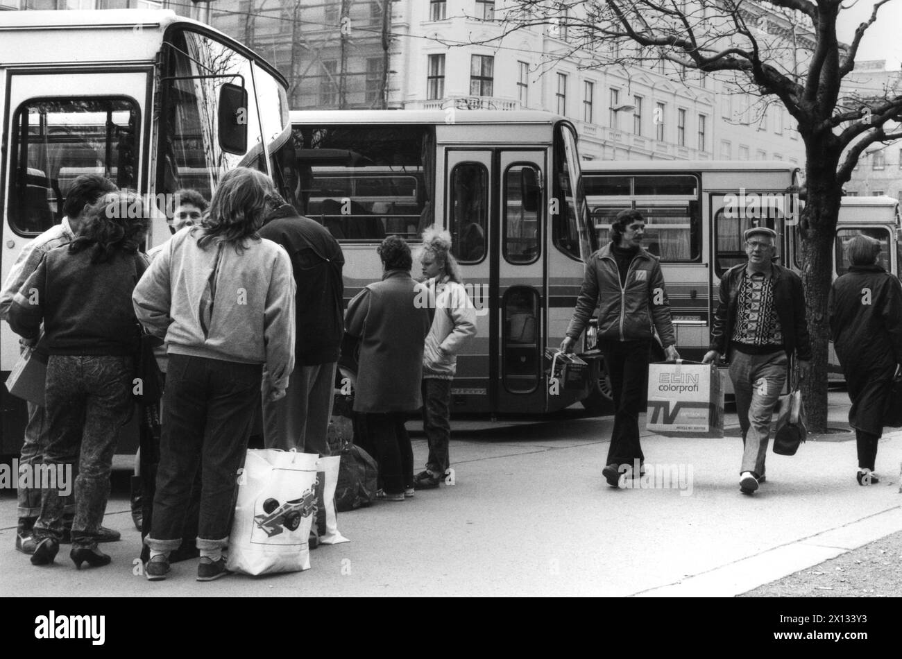 Hungarian 'shopping tourists' at a bus stop in Vienna on March 15th ...