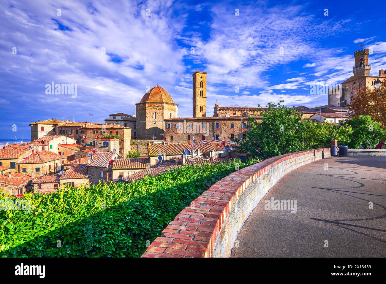 Volterra, Italy.. Panoramic view of medieval hilltop Tuscan town with ...