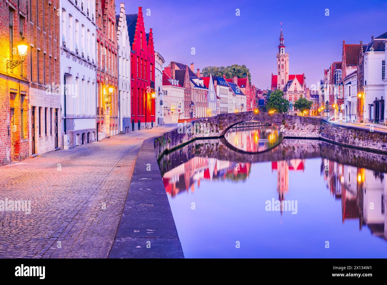 Bruges, Flanders - Belgium. Blue hour sunrise landscape with water ...