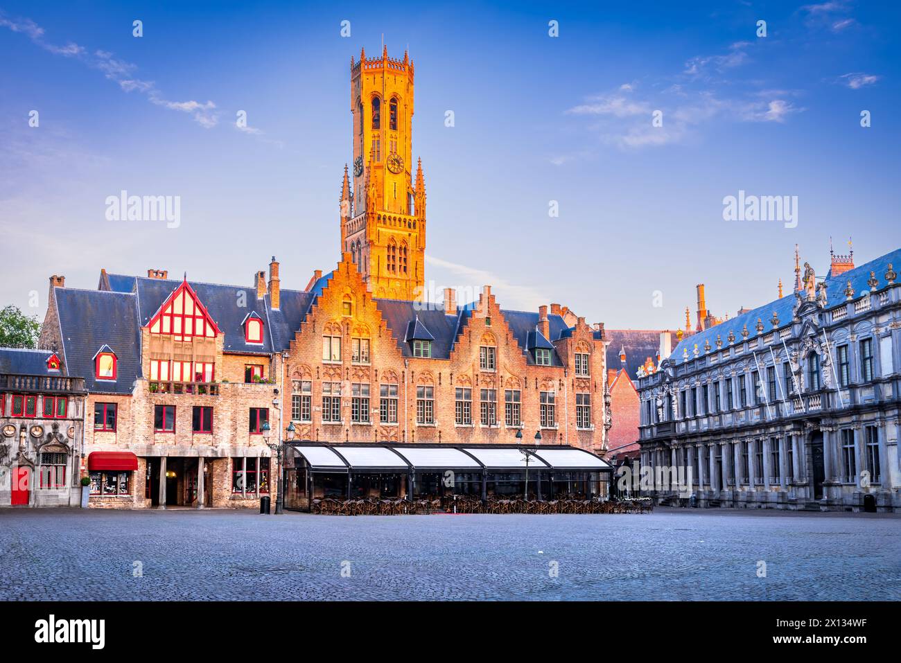 Bruges, Belgium. Burg, downtown medieval square with famous Belfry ...