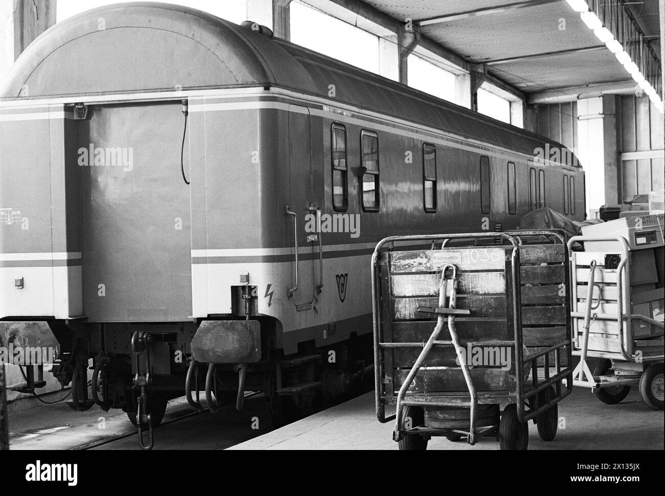 Vienna on April 12th 1990: This freight car of the Austrian Post was ...