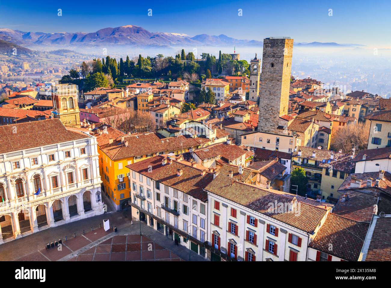 Bergamo, Italy. Piazza Vecchia and Torre del Gombito view from ...