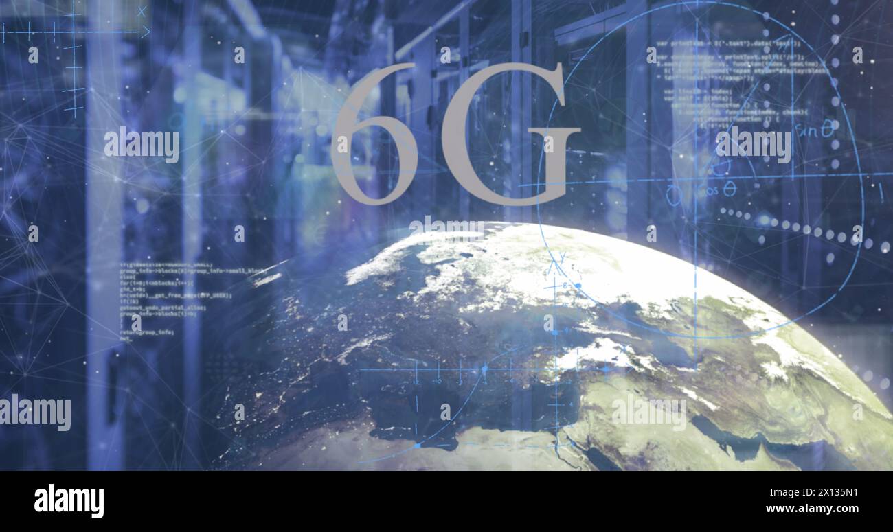 Image of 6g text, globe and data processing over computer server room ...