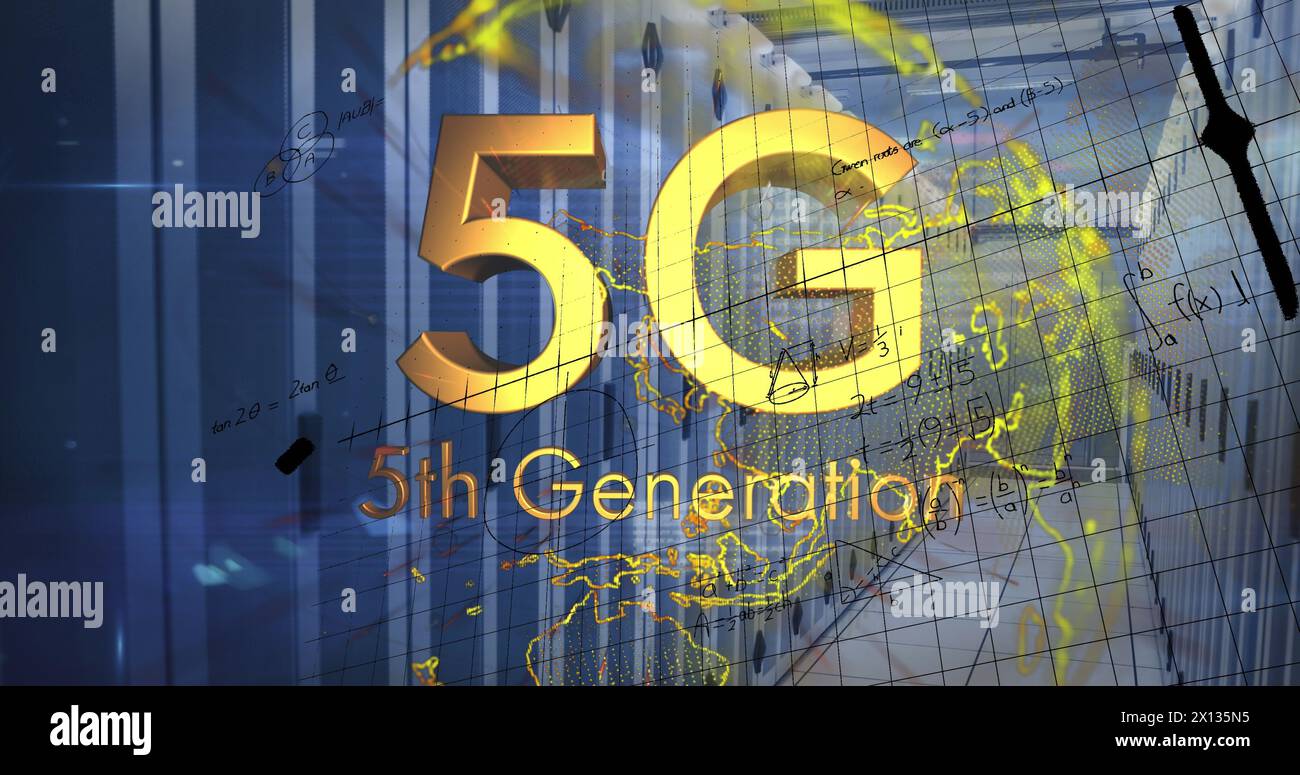 Image of 5g text, yellow globe and maths calculations over computer ...