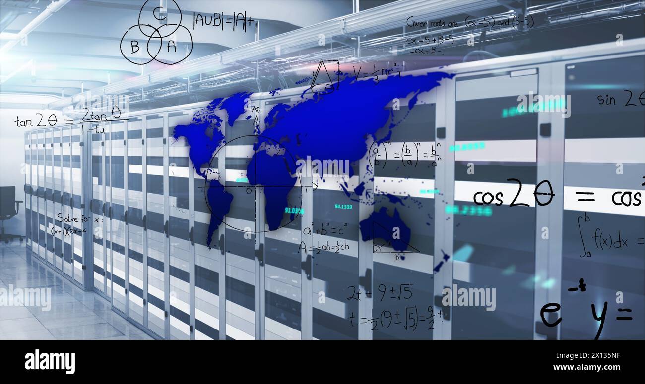 Image of blue world map, processing data and maths calculations over computer server room ...