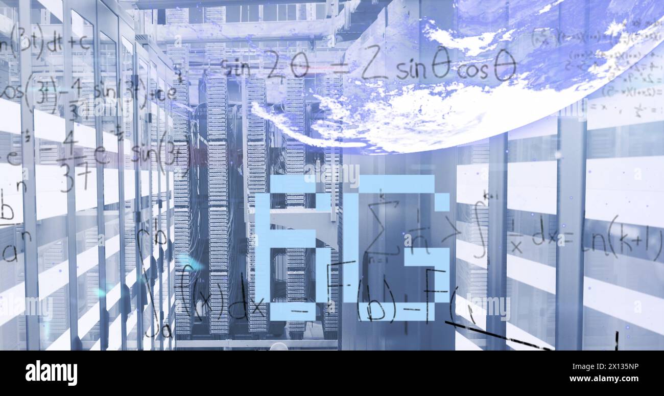 Image of 6g text, globe and maths calculations over computer server ...