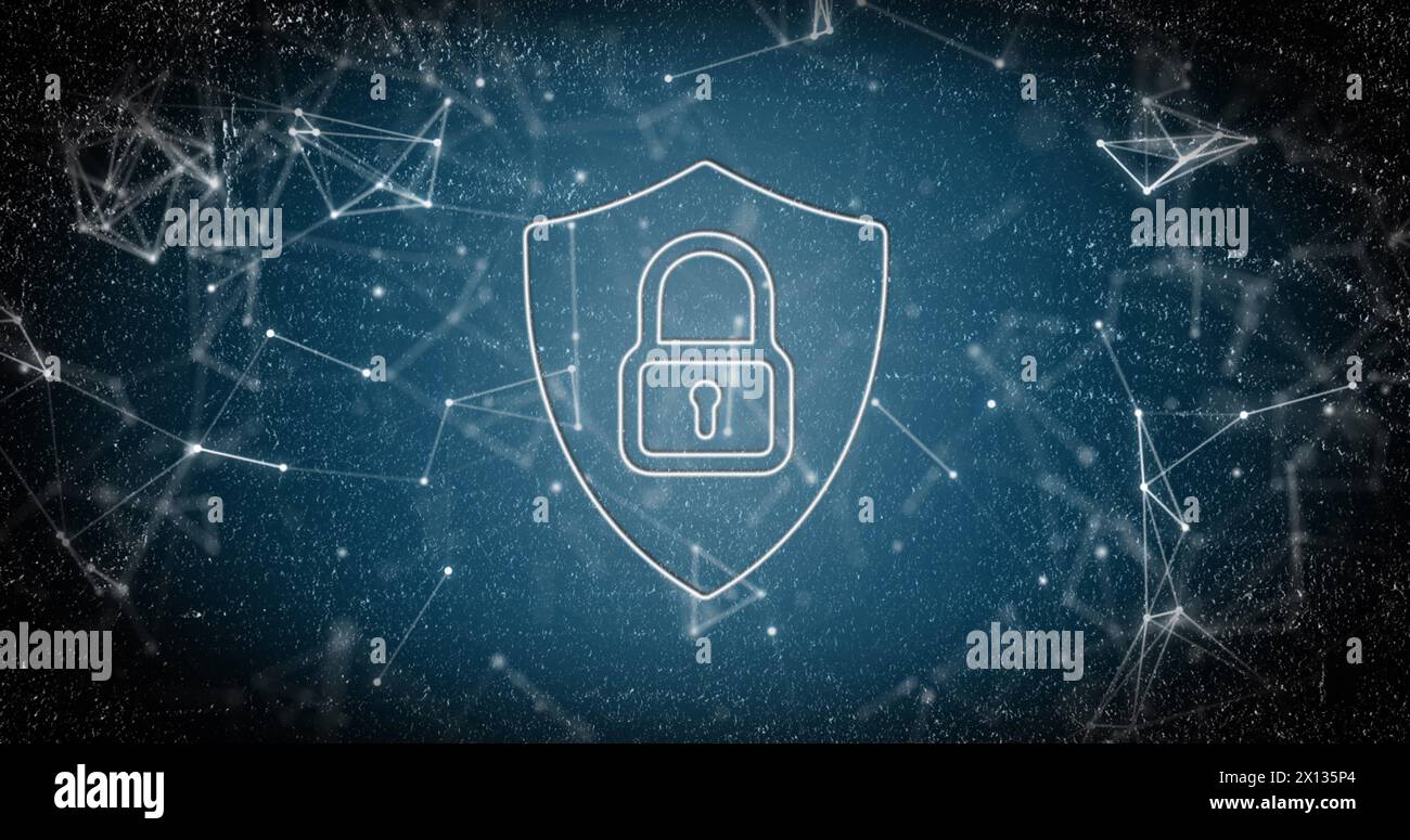 Image Of Security Padlock Icon And Network Of Connections Against Blue Background Global
