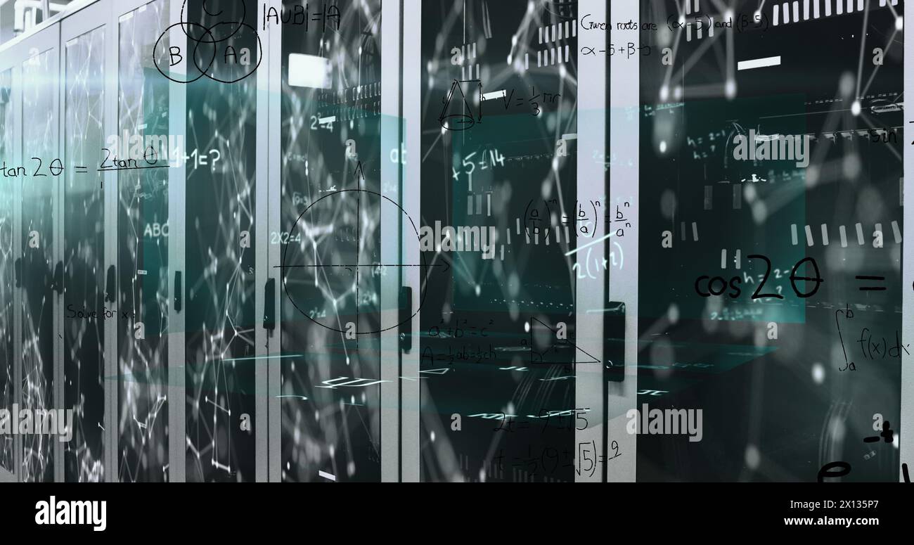 Image of networks of connections and maths calculations over computer server room Stock Photo ...