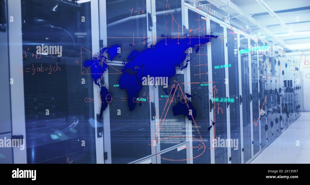 Image of blue world map, processing data and maths calculations over computer server room Stock ...