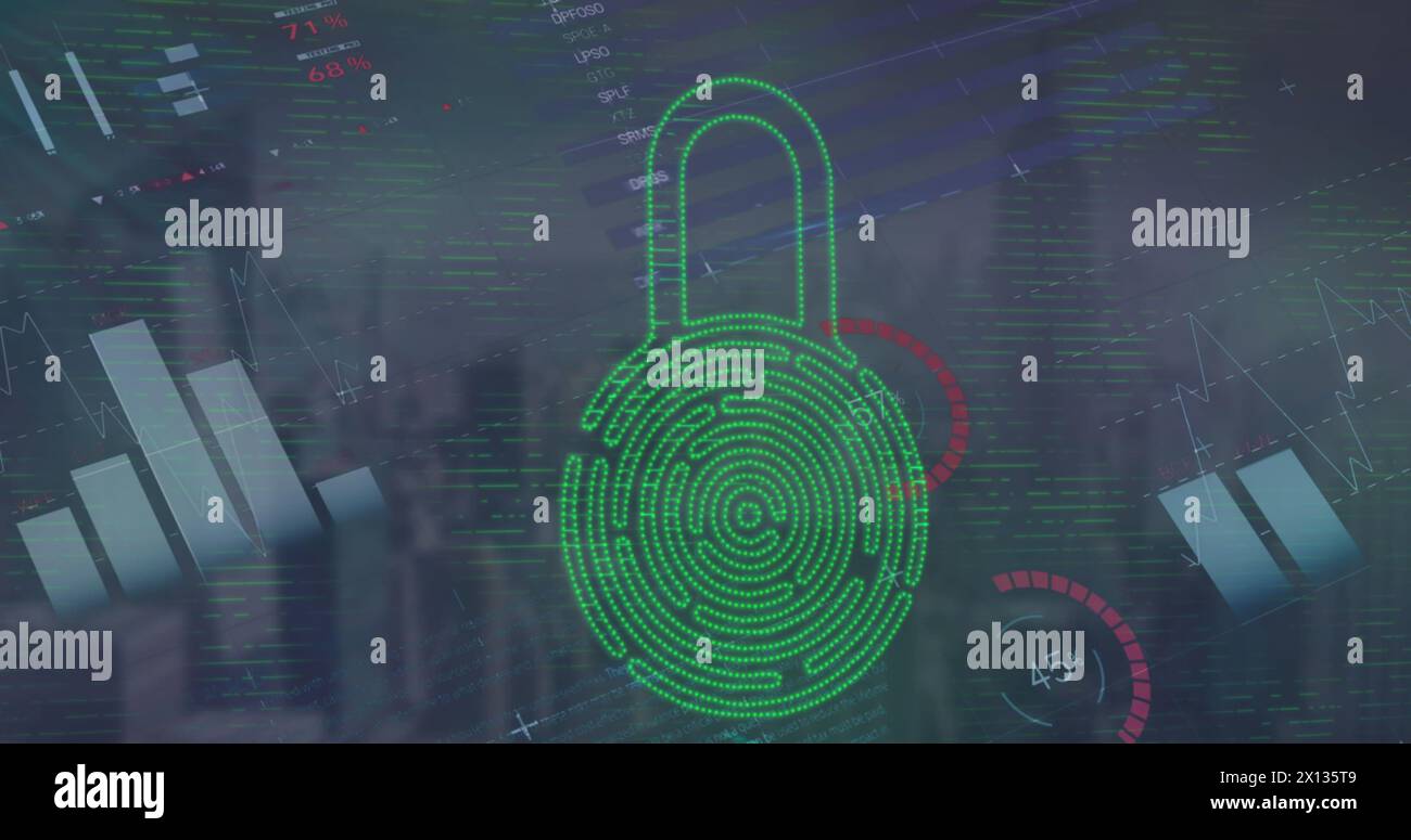Image of security padlock icon and screens with data processing over aerial view of cityscape ...