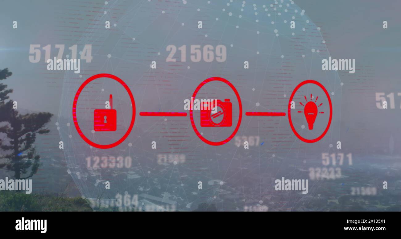 Image of network of digital icons and changing numbers over globe of ...