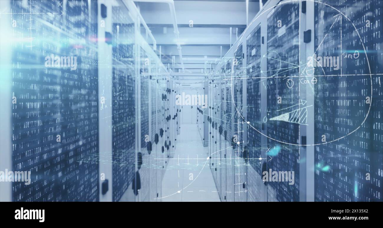 Image of data processing and mathematical equations over server room Stock Photo - Alamy